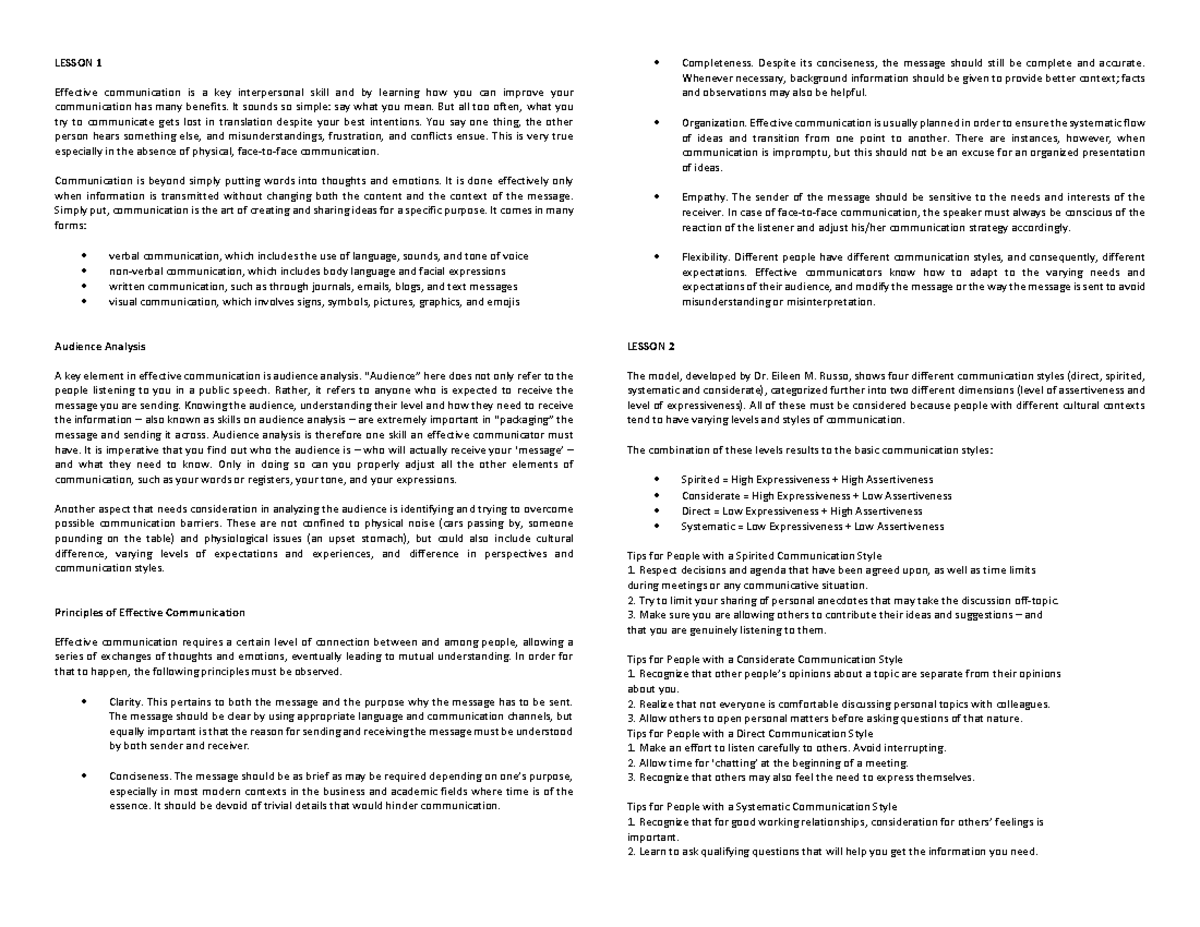 Purcom- Outline - Reviewer - LESSON 1 Effective communication is a key interpersonal skill and ...