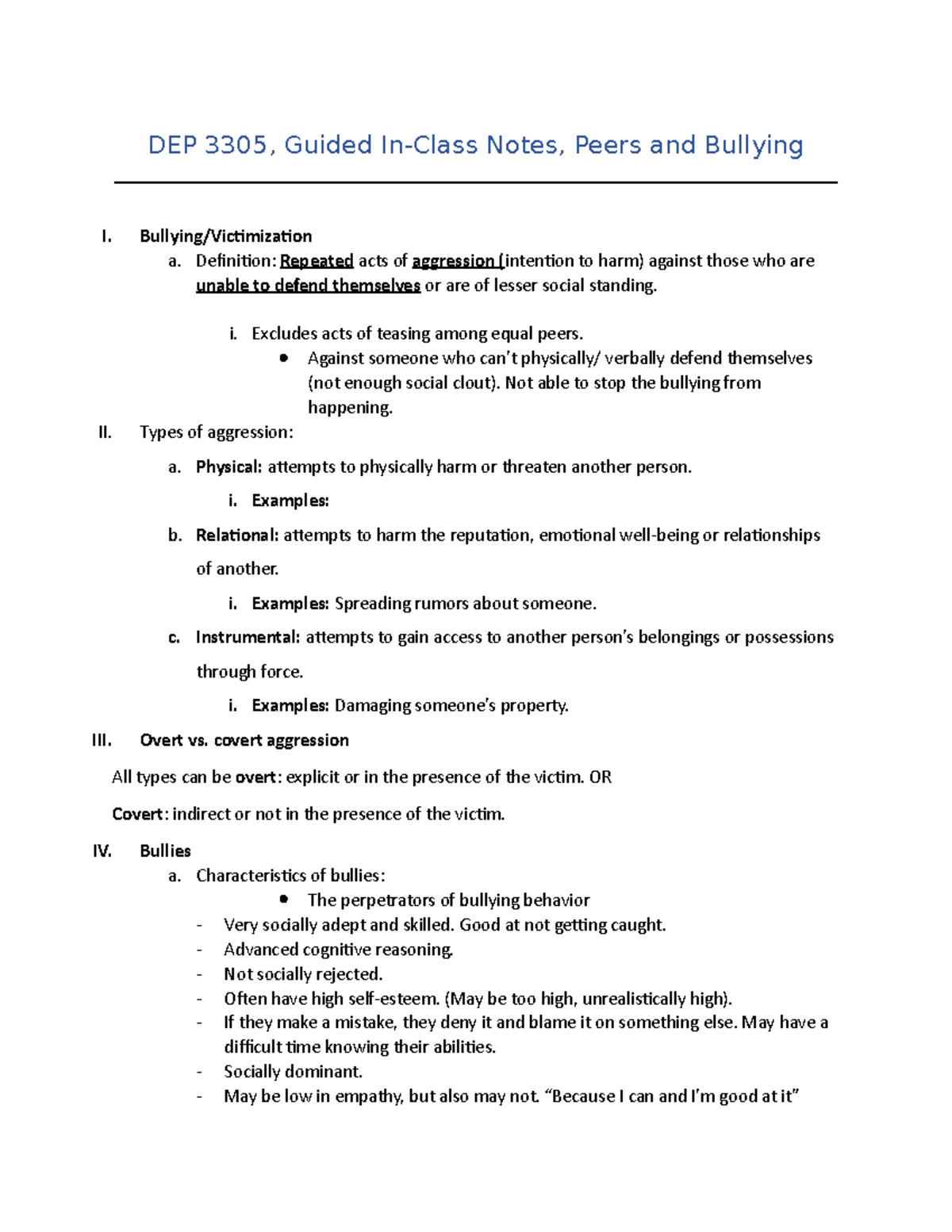 Lecture Notes: Peers (Bullying) - DEP 3305, Guided In-Class Notes ...