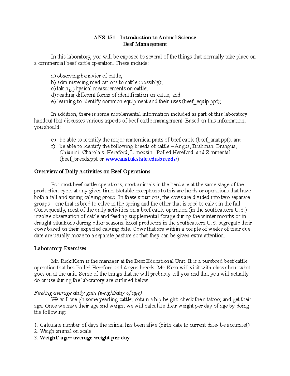 Beef Lab Overview - ANS 151 - Introduction to Animal Science Beef ...