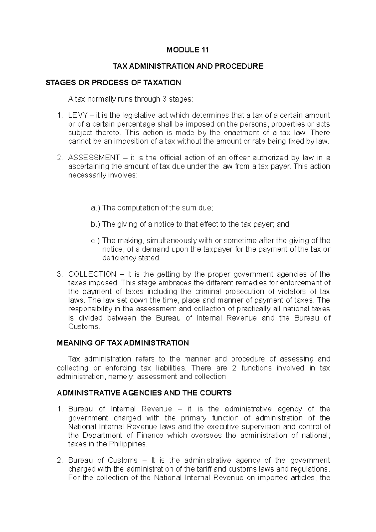Module-11- Taxation - MODULE 11 TAX ADMINISTRATION AND PROCEDURE STAGES ...