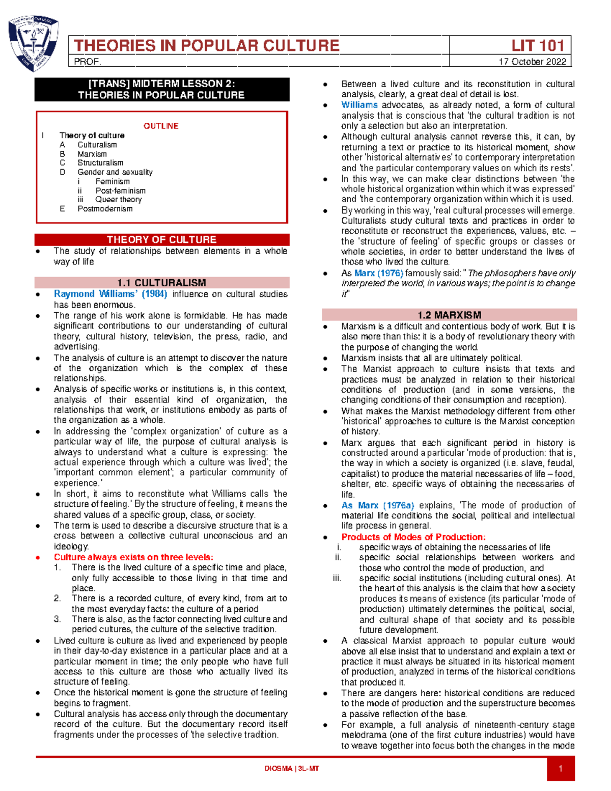 LIT 101 Midterm Lesson 2 - THEORIES IN POPULAR CULTURE LIT 101 PROF. 17 October 2022 [TRANS ...