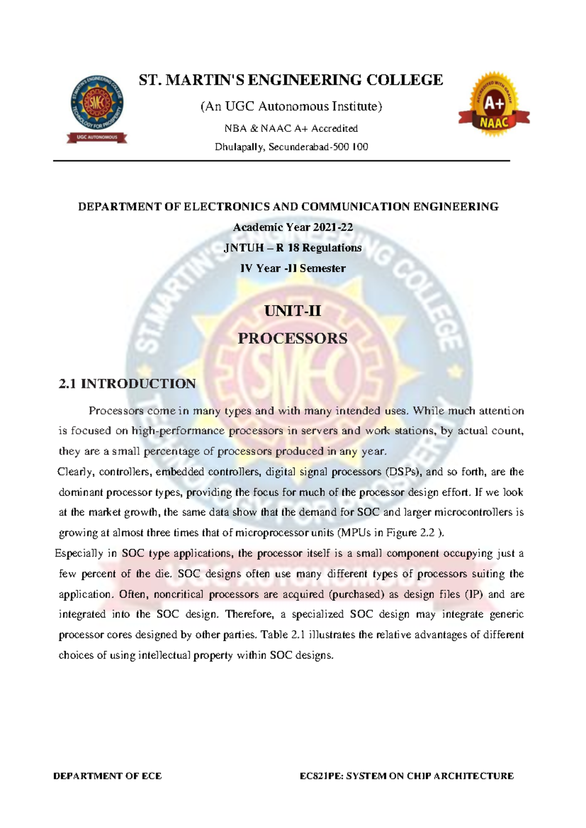 Soc unit -II - sytem on chip - ST. MARTIN'S ENGINEERING COLLEGE (An UGC ...