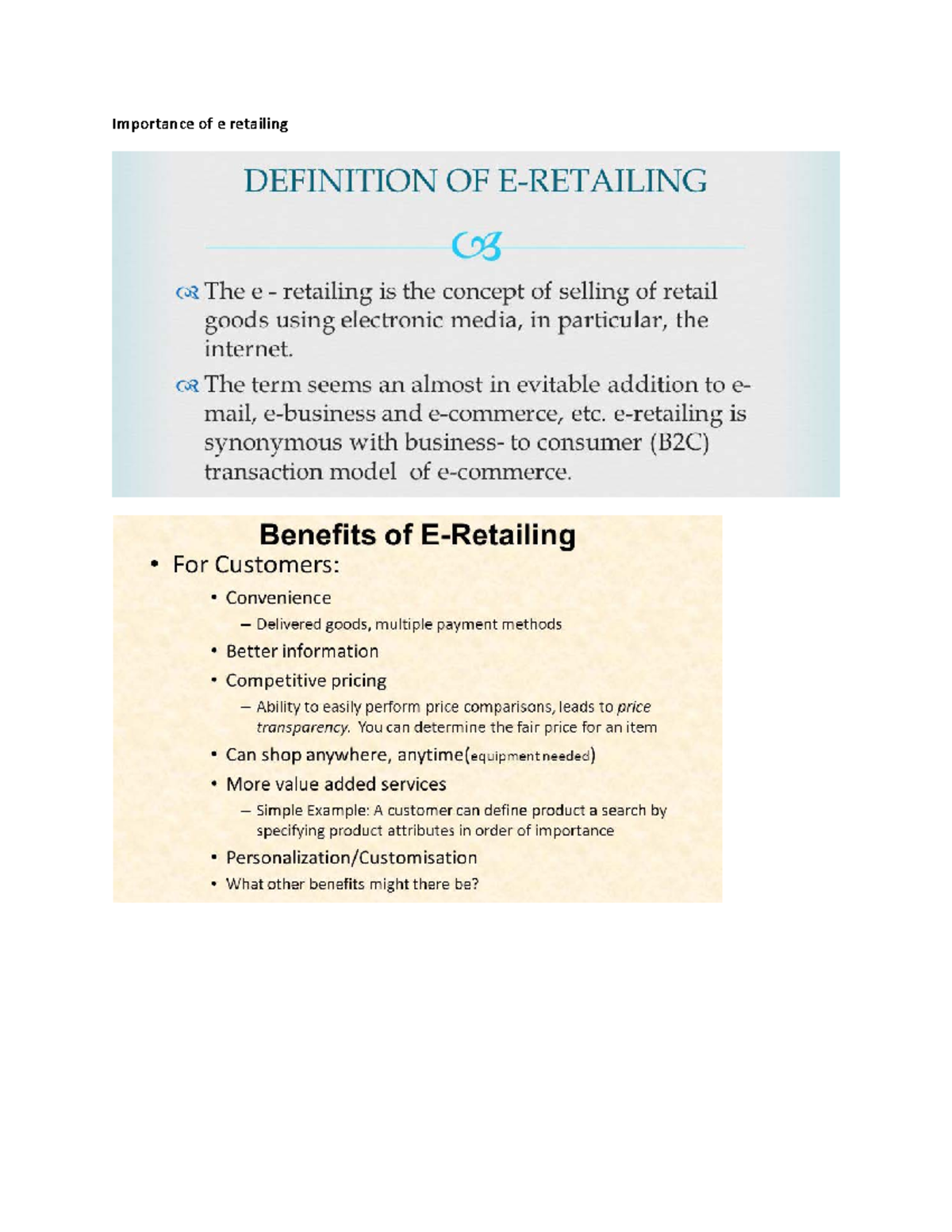 E Retailing test notes - Importance of e retailing Importance of e ...