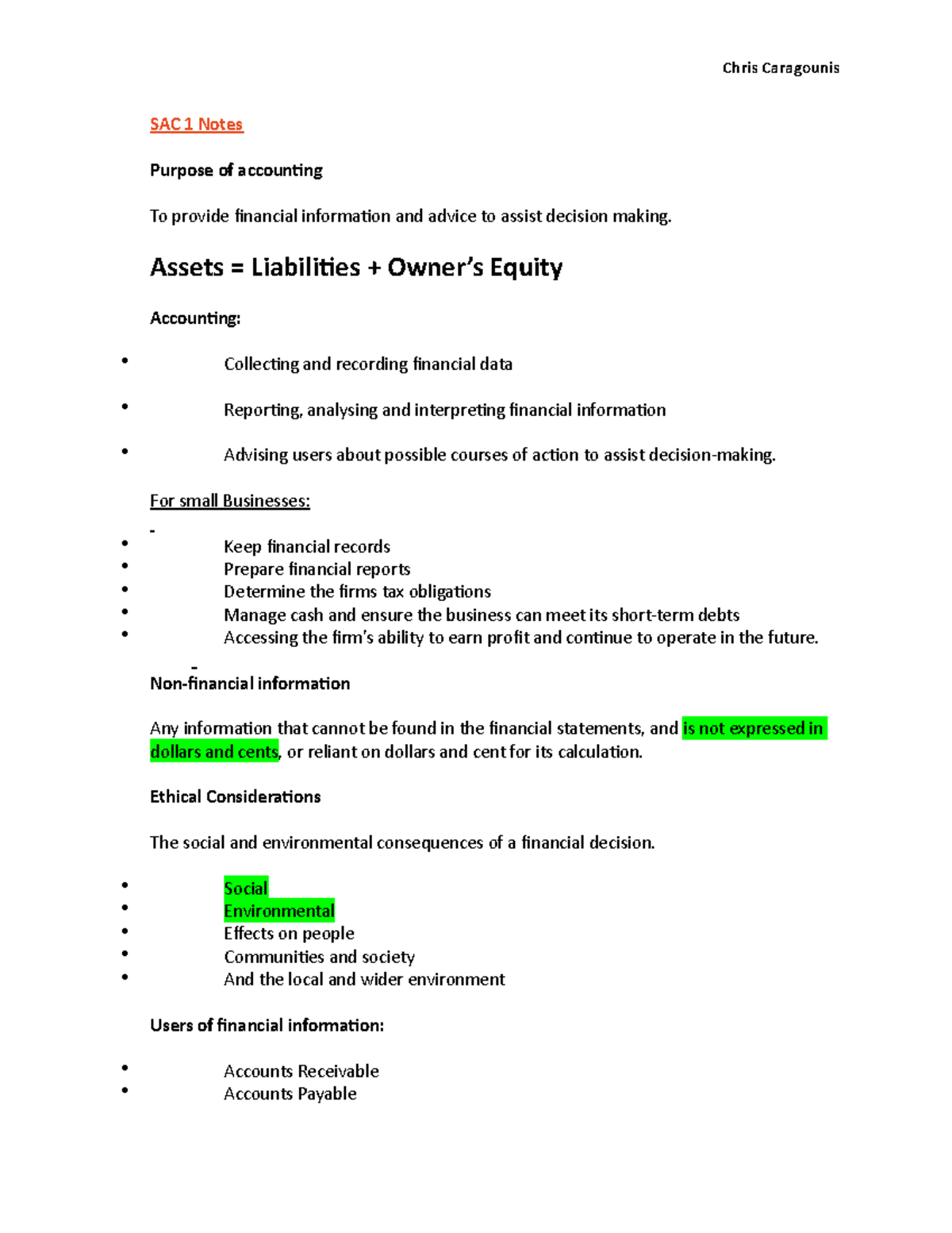 Accounting 3&4 notes - SAC 1 Notes Purpose of accounting To provide ...