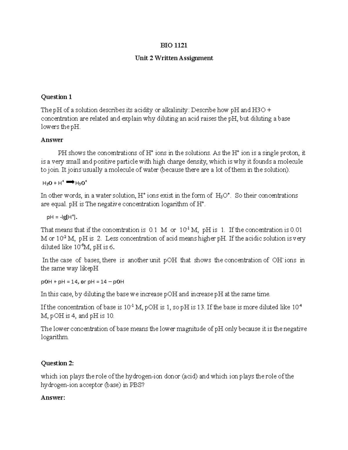 Writing assingment - W A 2 - BIO 1121 Unit 2 Written Assignment ...