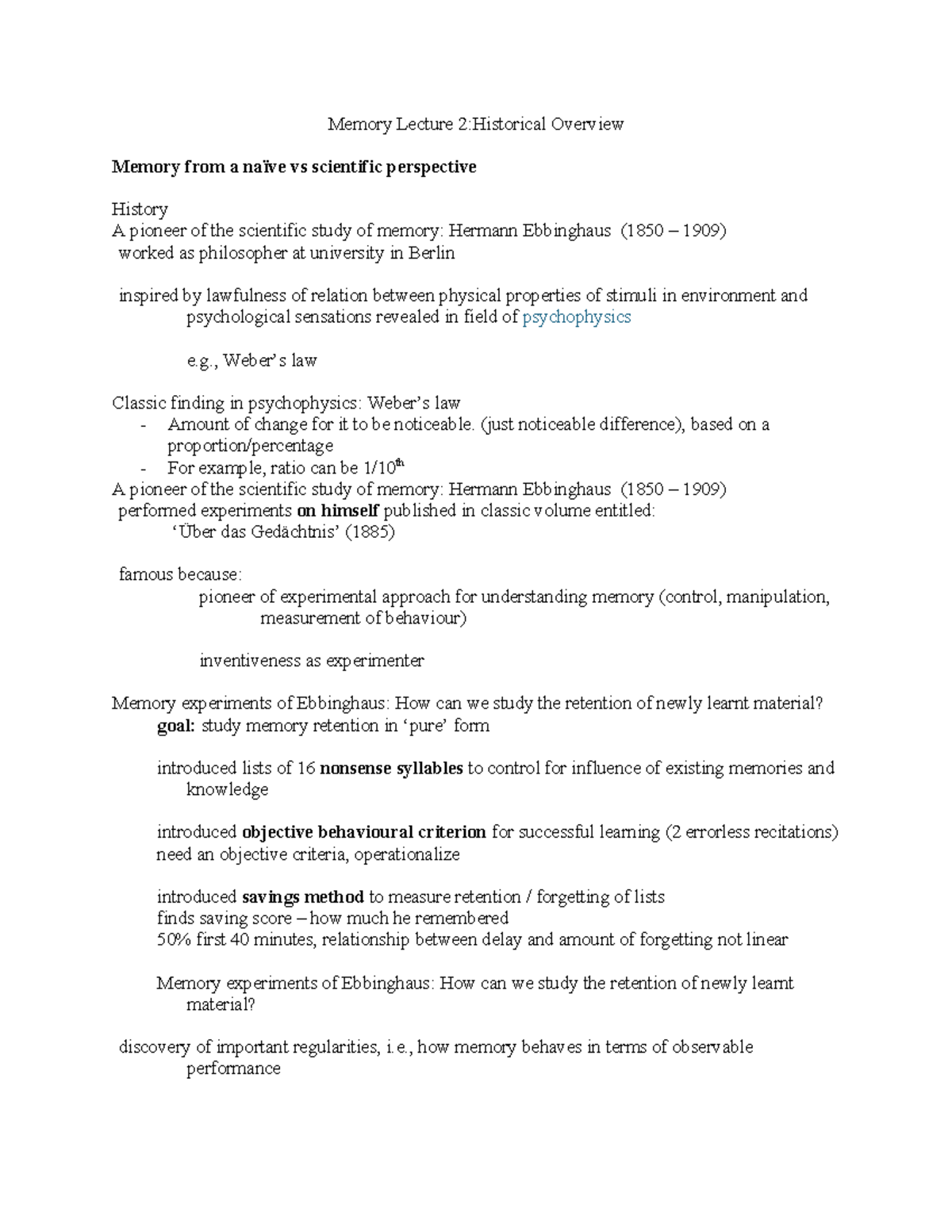 3138 Lecture 2 Text Lecture 2 3138 Notes Memory Lecture 2 Historical Overview Memory From A