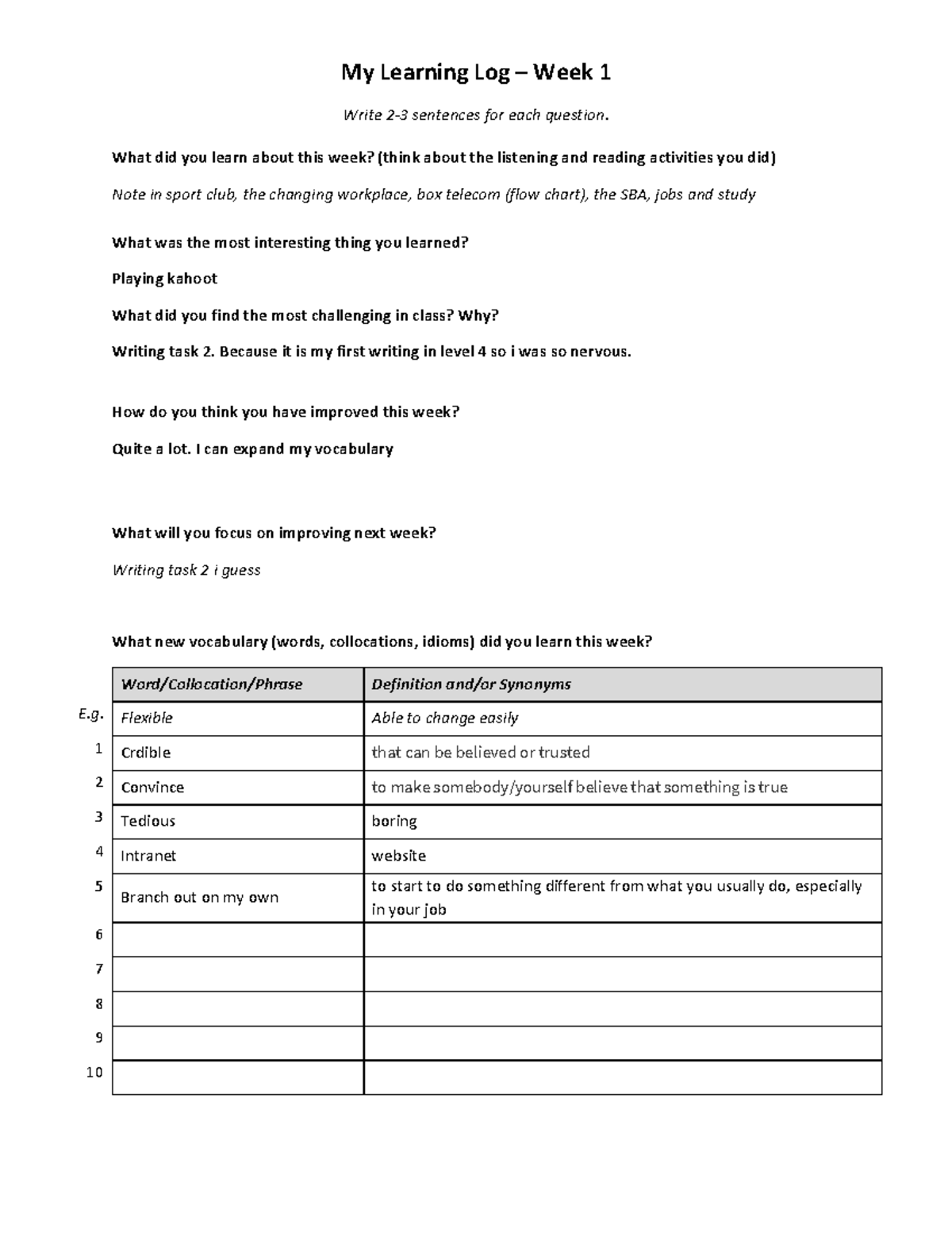 Week 1 Learning Log - My Learning Log – Week 1 Write 2-3 sentences for ...