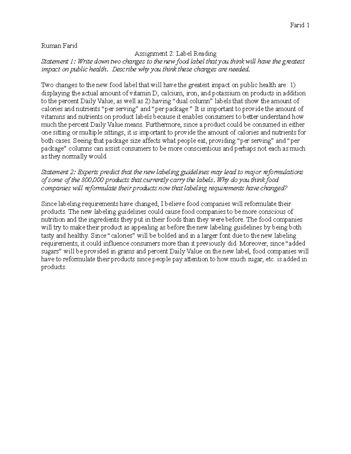 Assignment 2 - Label Reading - Farid 1 Ruman Farid Assignment 2: Label ...