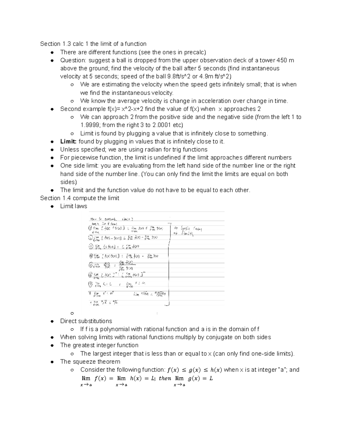 Summer Calc exam 1 notes - Section 1 calc 1 the limit of a function ...