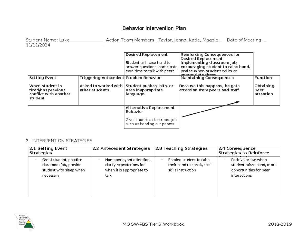 Behavior Intervention Plan - Behavior Intervention Plan Student Name ...