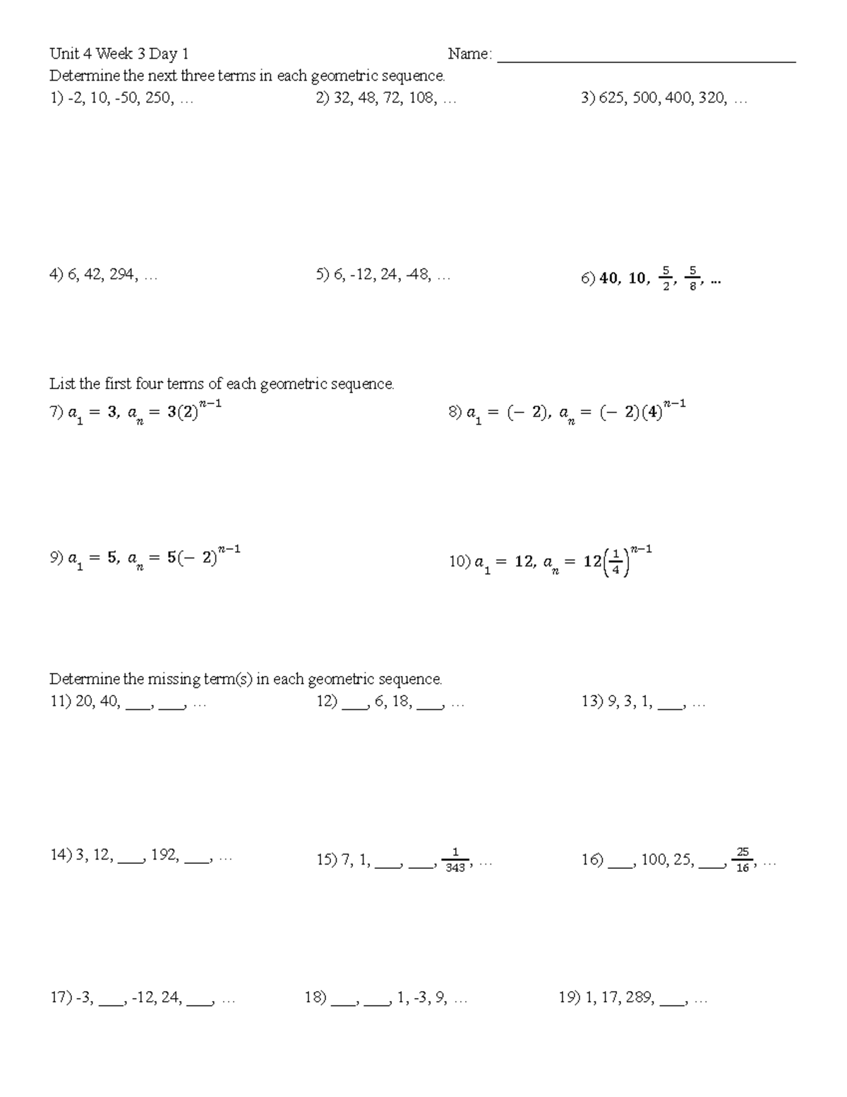 Unit 4 Week 3 Day 1 Math - answers - Unit 4 Week 3 Day 1 Name