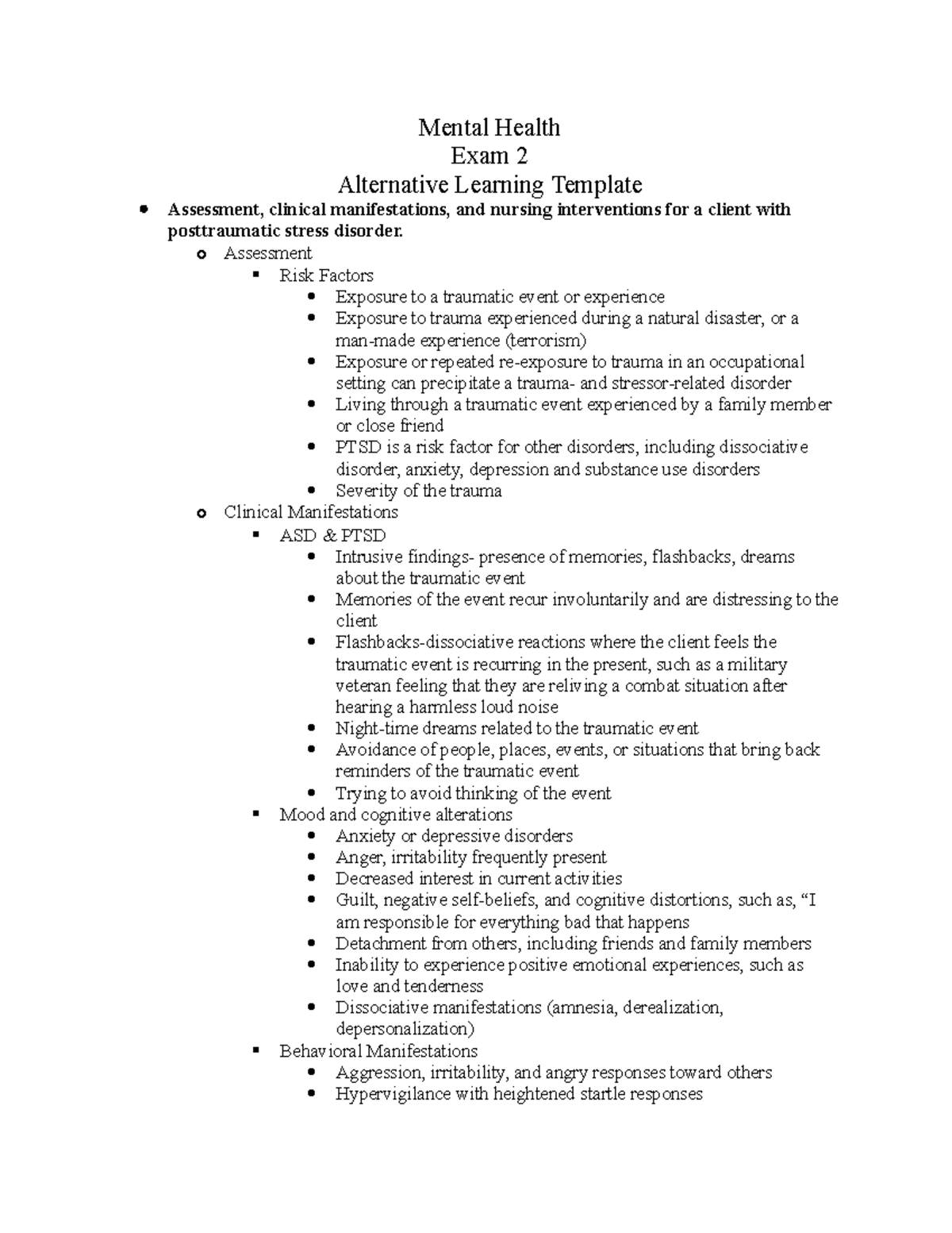 Exam 2 Mental Health Alternative Learning Template-1 - Mental Health ...