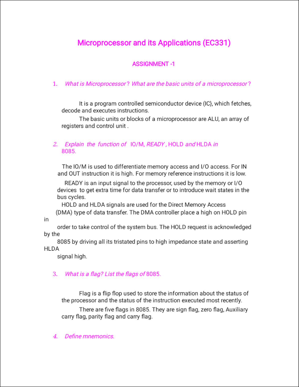 Microprocessor Assignments - electrical and electronics engg - Studocu