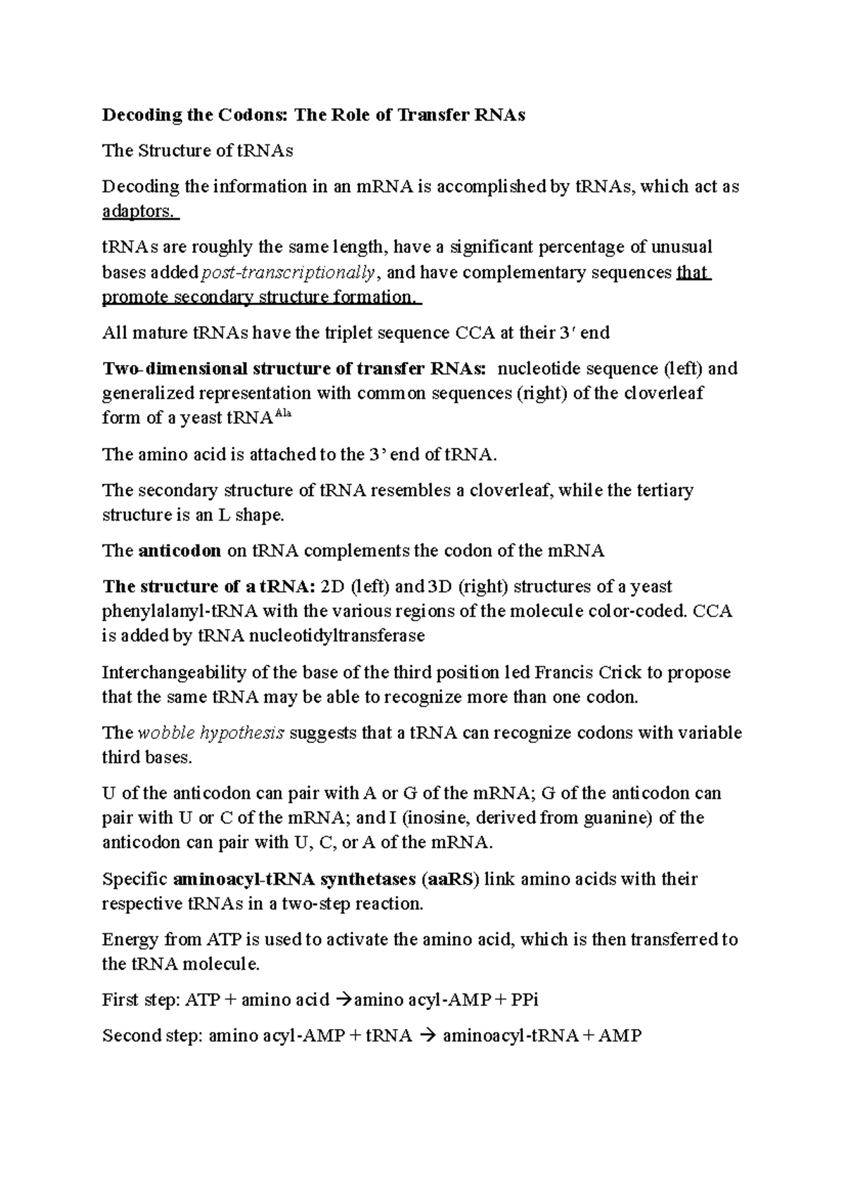 Cell Biology 5 Decoding The Codons The Role Of Transfer Rnas Aminoacyl Trna Synthetases