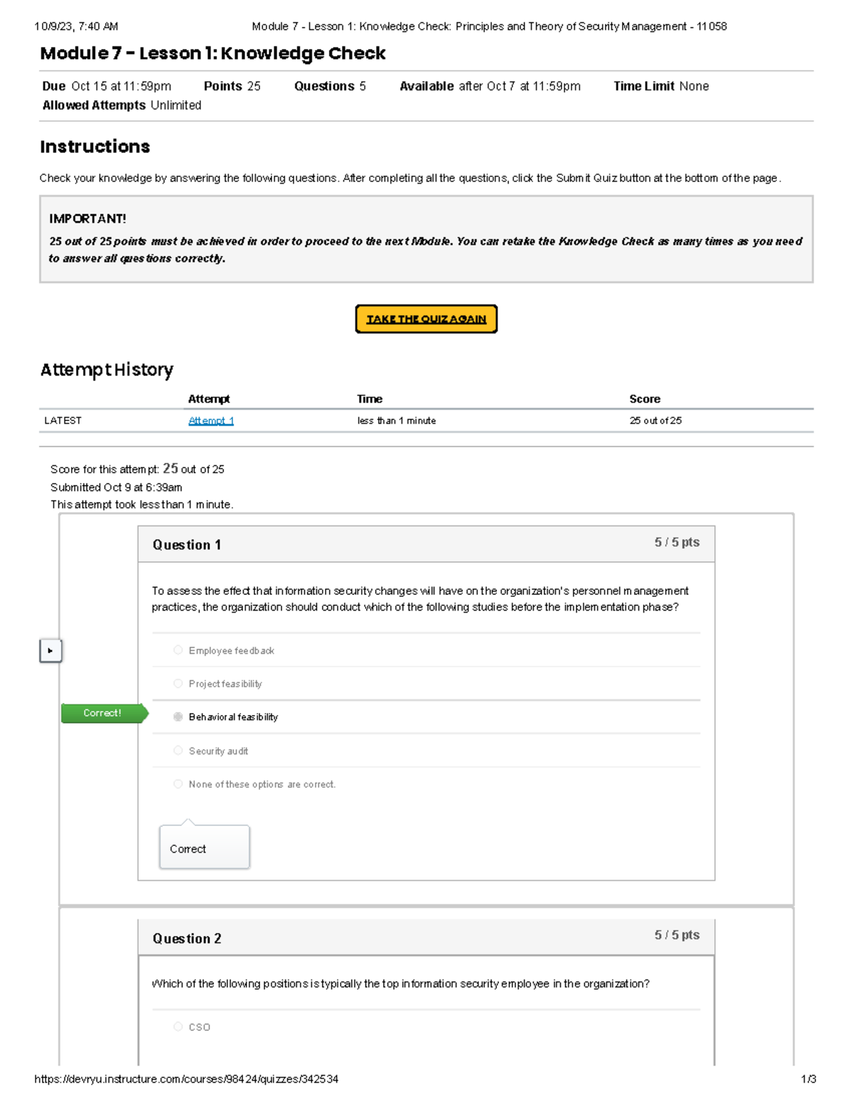 Module 7 - Lesson 1 Knowledge Check Principles and Theory of Security ...