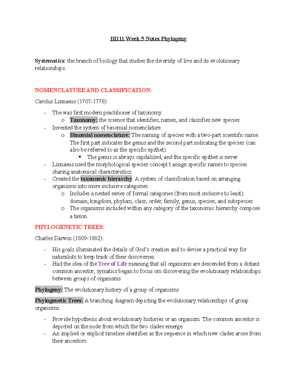 BI111 Week 5 Notes Phylogeny - BI111 Week 5 Notes Phylogeny Systematics ...