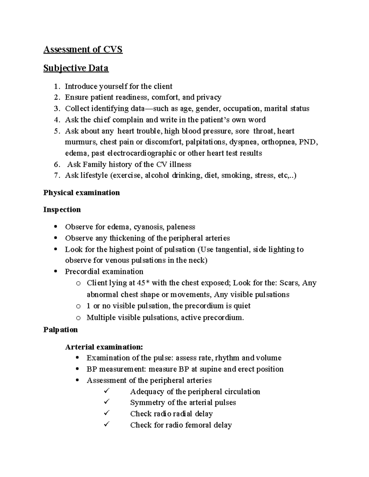 Standard of CVS Assessment - Assessment of CVS Subjective Data Introduce yourself for the client ...