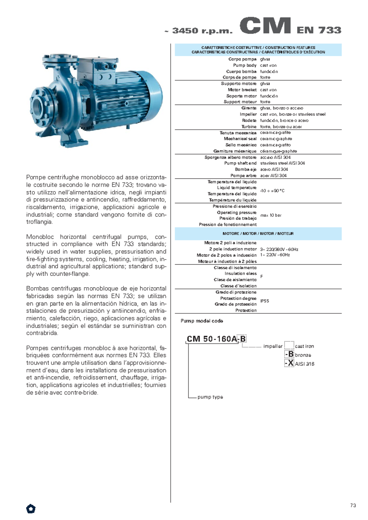CM EN733 60HZ 1 - Pump install - ~ 3450 r.p. CM EN 733 CARATTERISTICHE ...