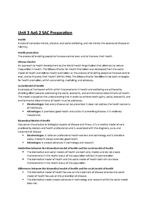 Hhd Summary Notes Unit 3 Aos 1 Health Aos 1 1 Concepts Of Health