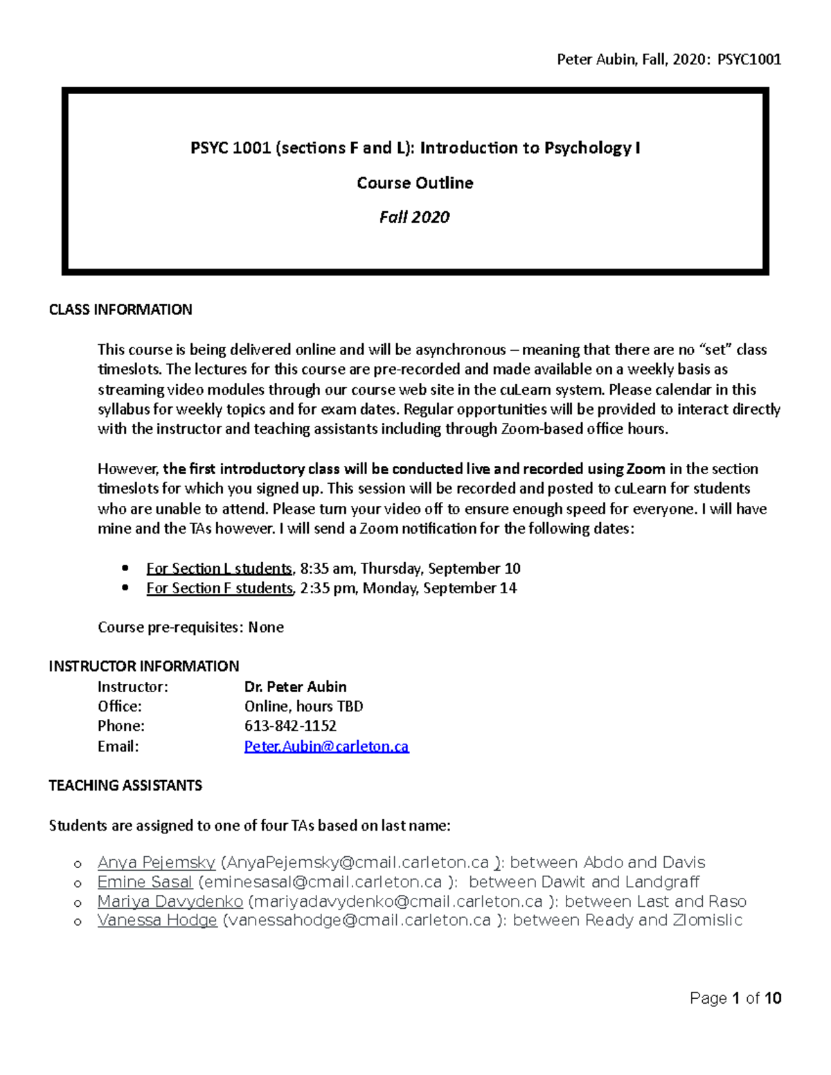 PSYC 1001 F and L syllabus Fall 2020 v4 - CLASS INFORMATION This course ...
