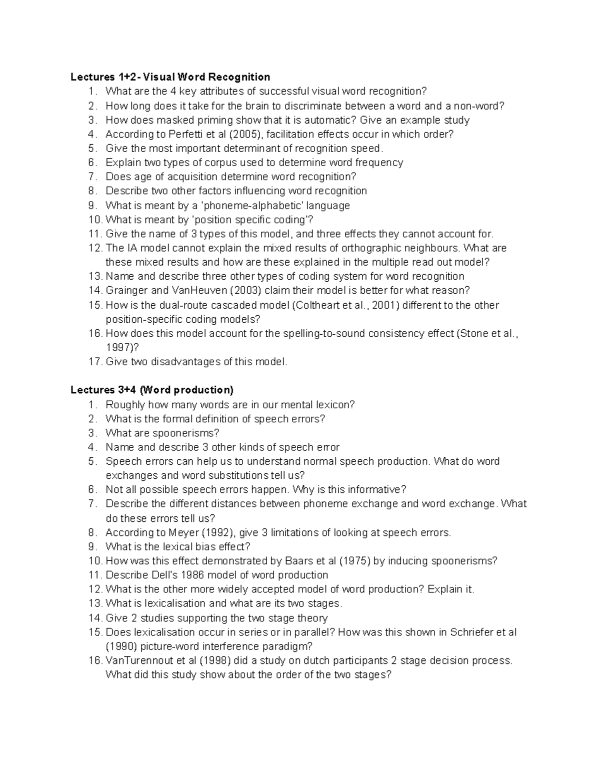 Language Lecture Questions Lectures 1 2 Visual Word Recognition 1