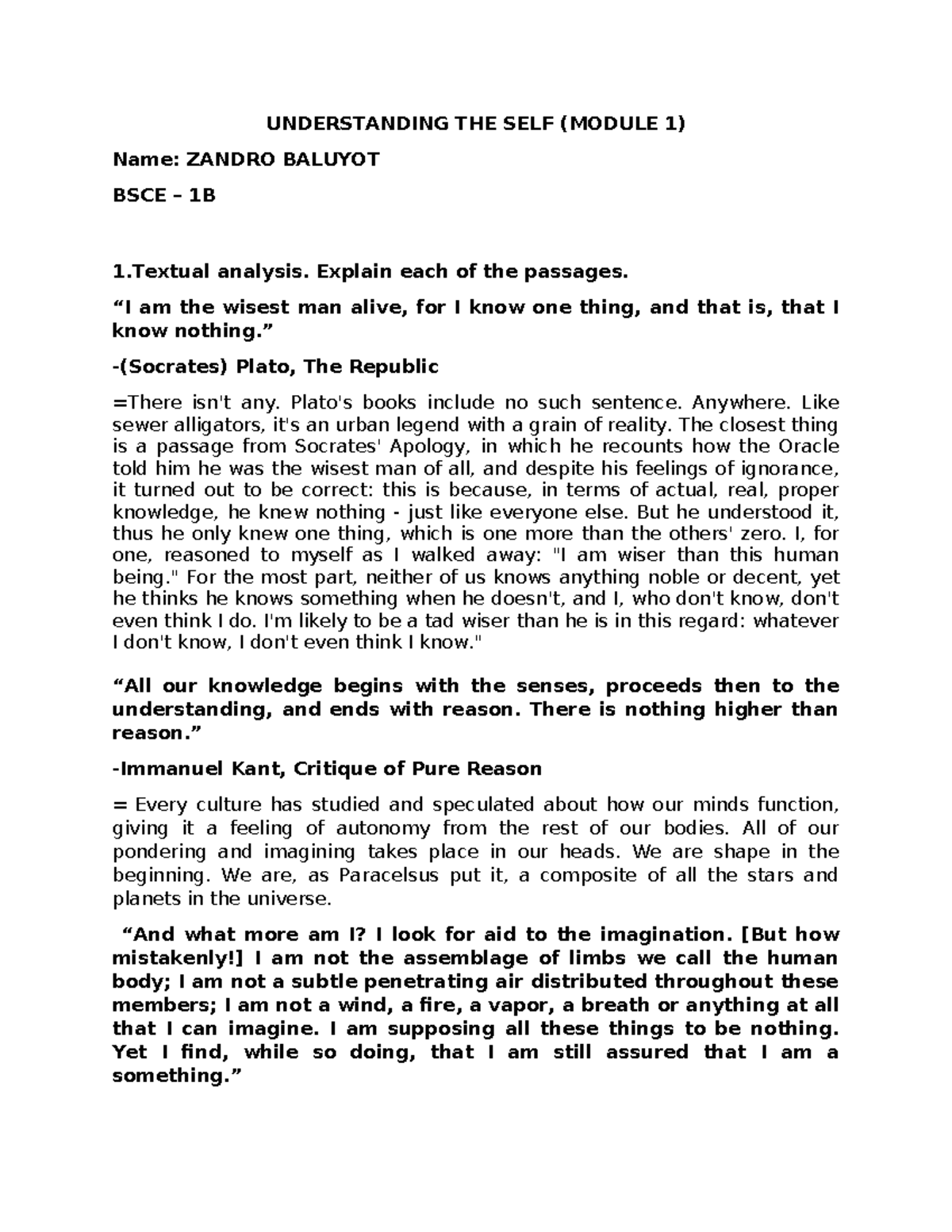 Understanding THE SELF - sanny - UNDERSTANDING THE SELF (MODULE 1) Name ...