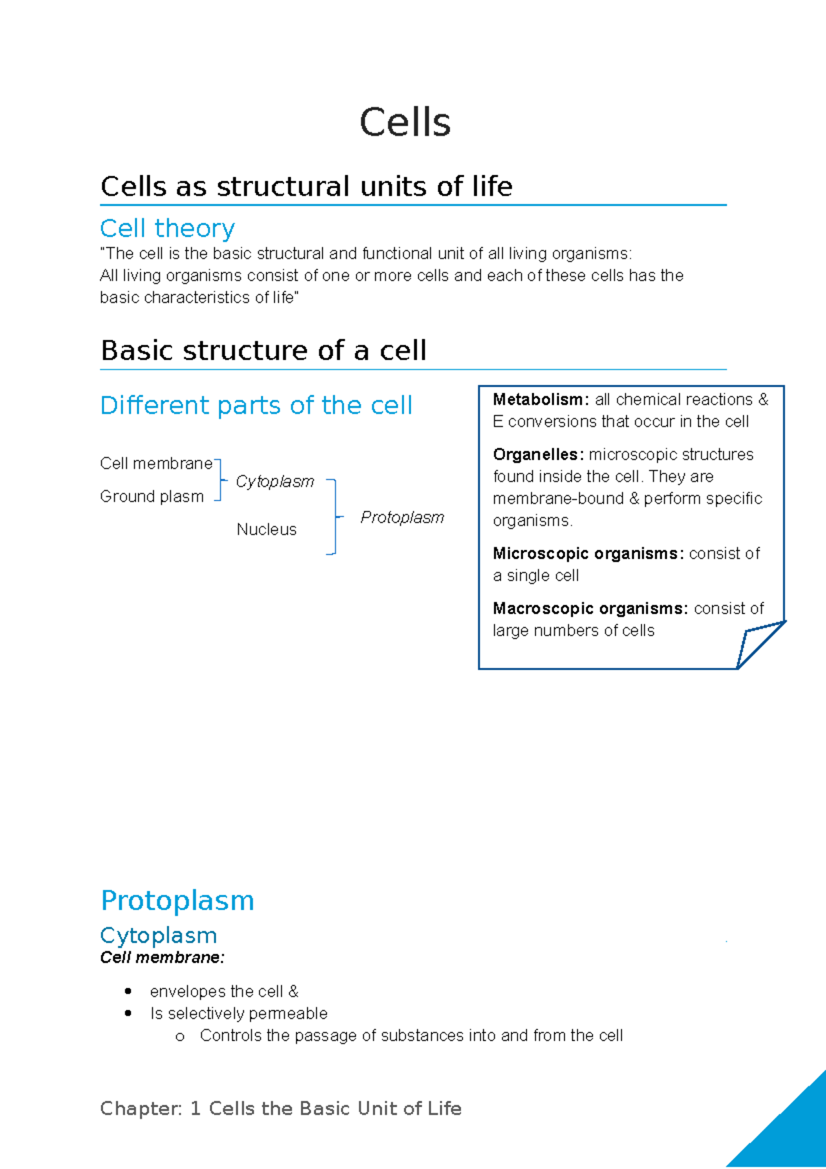 LS~chapter 1 - grade 9 chapter 1 summery - Cells Cells as structural ...