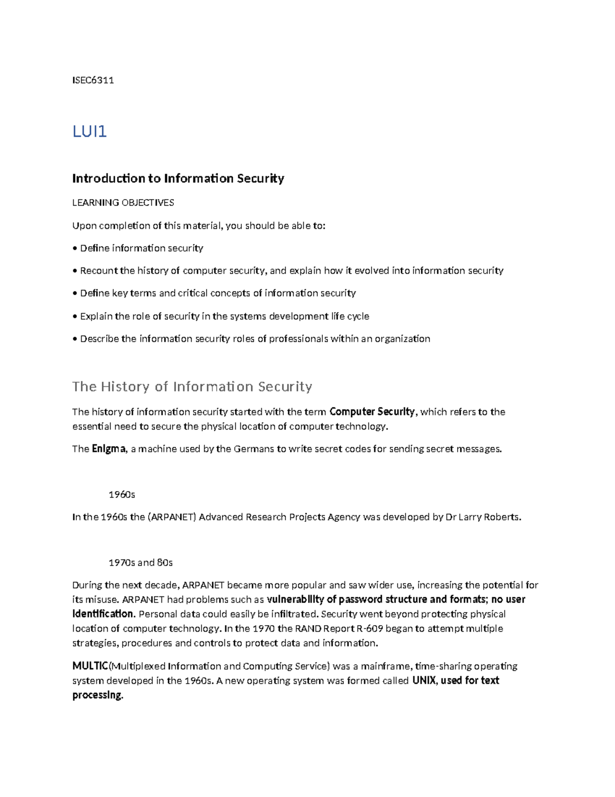 ISEC6311-Chapter notes - ISEC LUI Introduction to Information Security ...