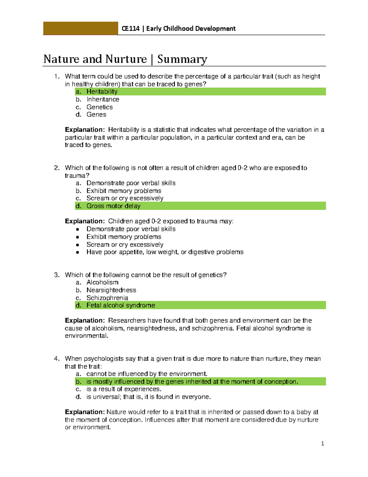 CE114 Nature and Nurture Learning Activity Summary - CE114 | Early ...