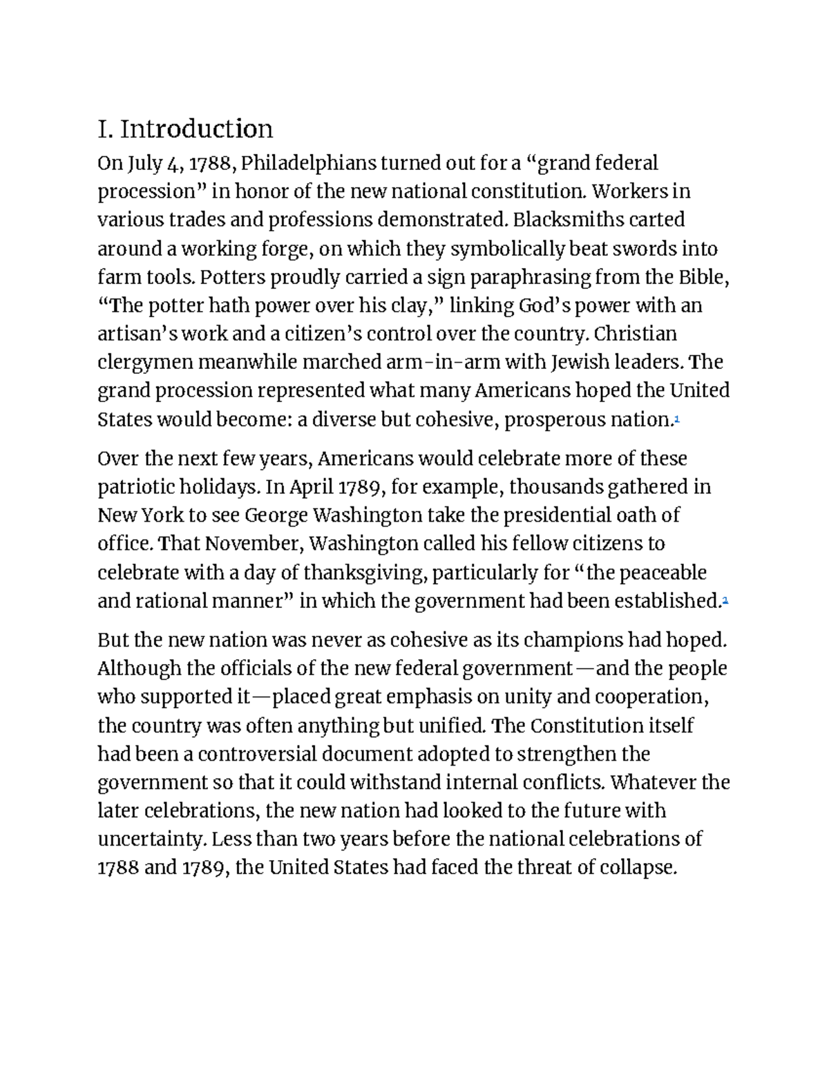 A New Nation - Notes - I. Introduction On July 4, 1788, Philadelphians ...