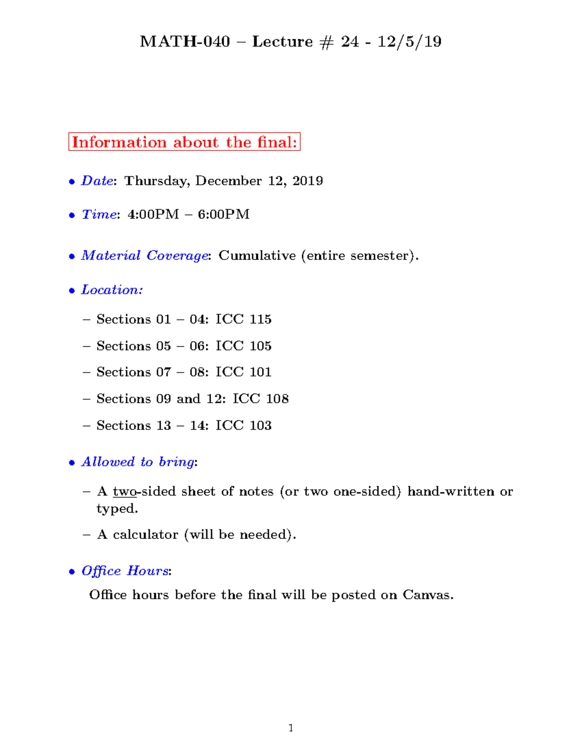 Sample/practice exam 2019, answers - MATH-040 – Lecture # 24 - 12/5/ Information about the final ...