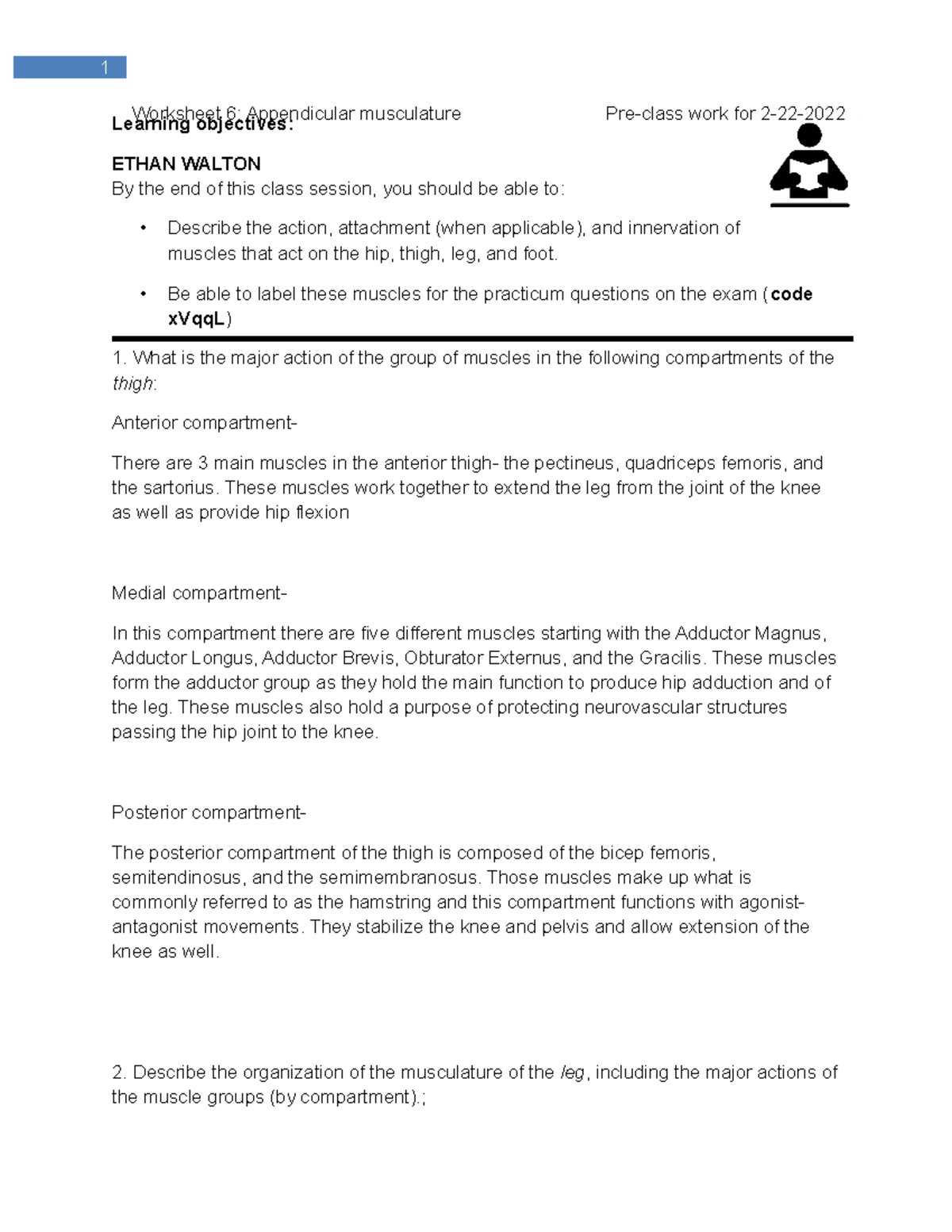 Worksheet 6-1 Ethan Walton - Learning objectives: ETHAN WALTON By the ...