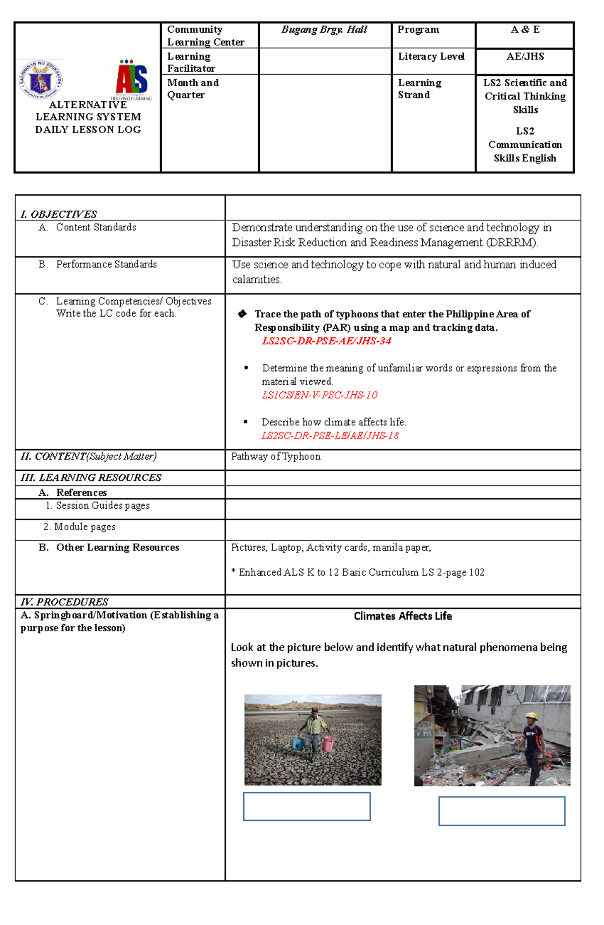 Week5 LS2 DLL Pathway of Typhoon - ALTERNATIVE LEARNING SYSTEM DAILY ...