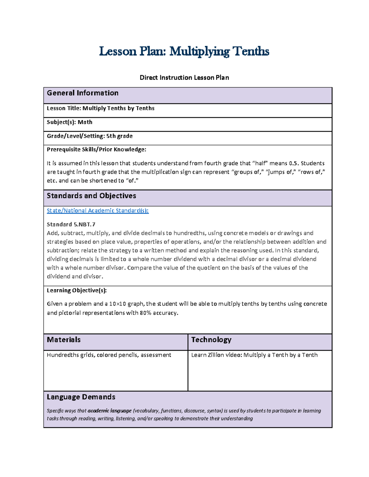 Lesson Plan Multiplying Tenths - Lesson Plan: Multiplying Tenths Direct ...