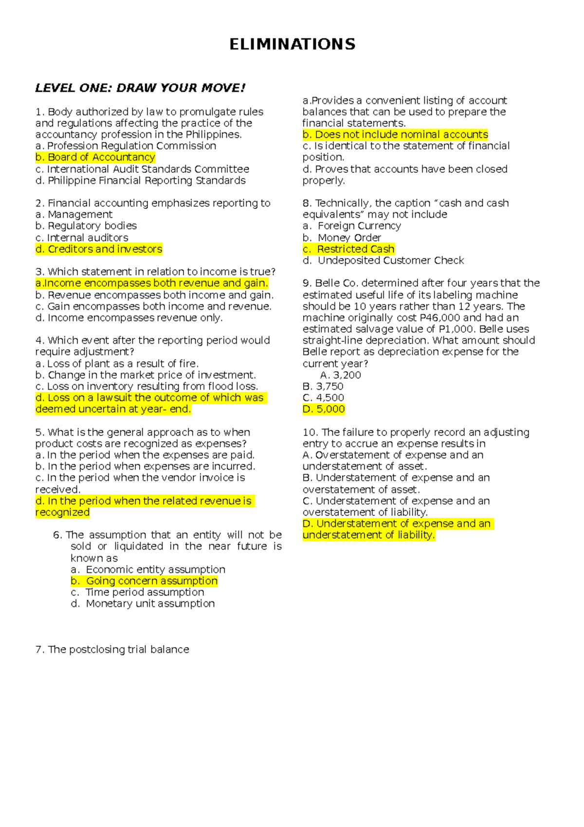 Eliminations - Use this as your materials - ELIMINATIONS LEVEL ONE ...