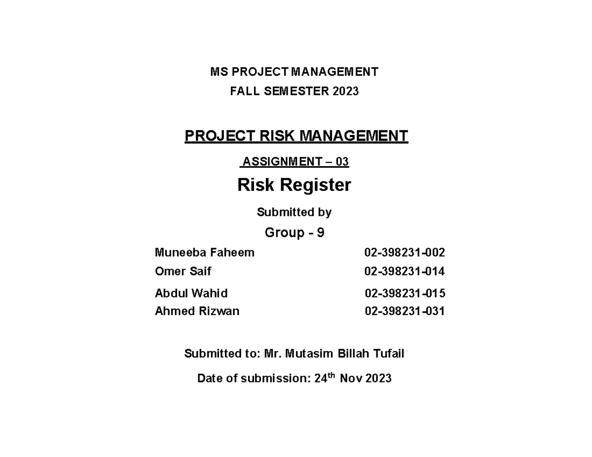 Risk Register for construction - MS PROJECT MANAGEMENT FALL SEMESTER ...