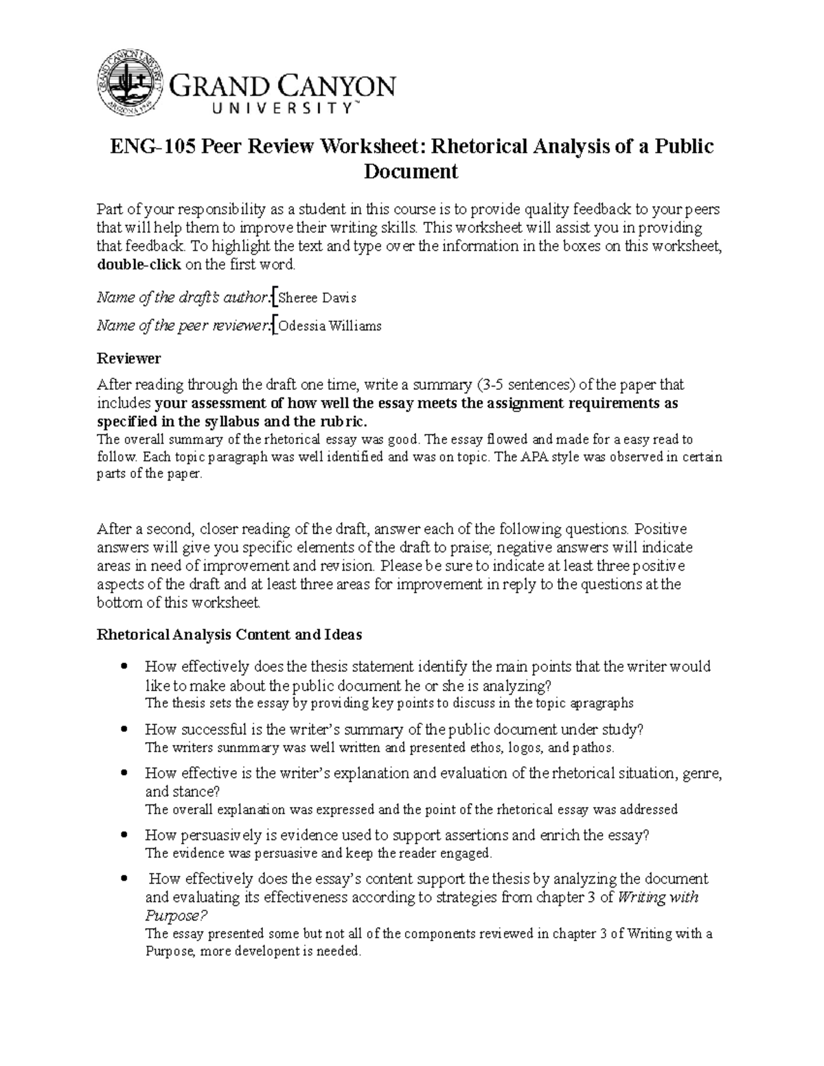 ENG105 Rhetorical Analysis Peer Review Worksheet - ENG-105 Peer Review ...