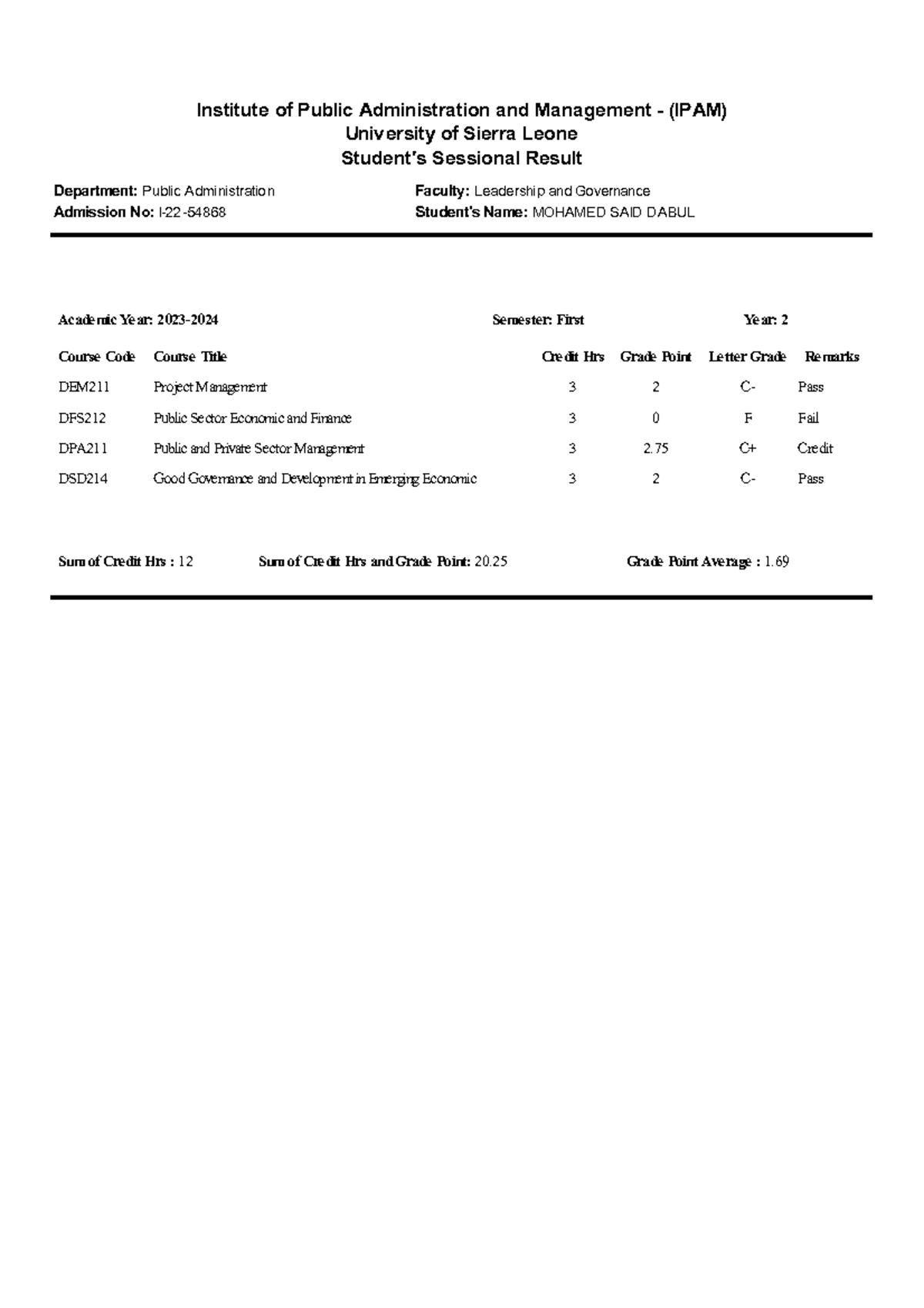 Stud Result I-22-54868 - Institute of Public Administration and ...