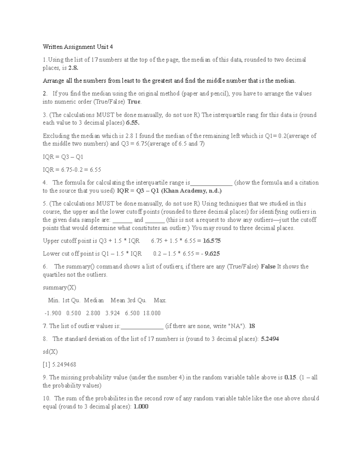 Written assignment unit 4 intostat - Written Assignment Unit 4 1 the list of 17 numbers at the ...