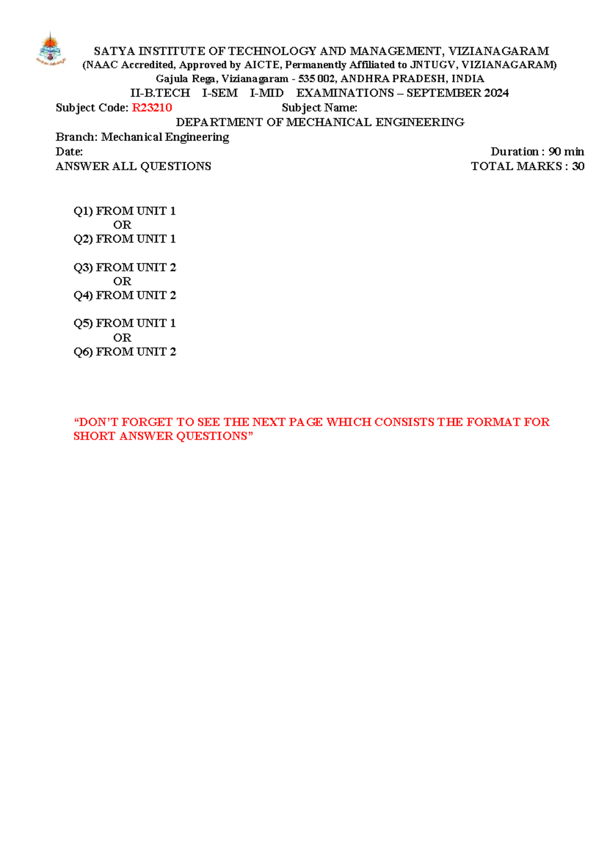 R23 Question Paper Format - SATYA INSTITUTE OF TECHNOLOGY AND ...