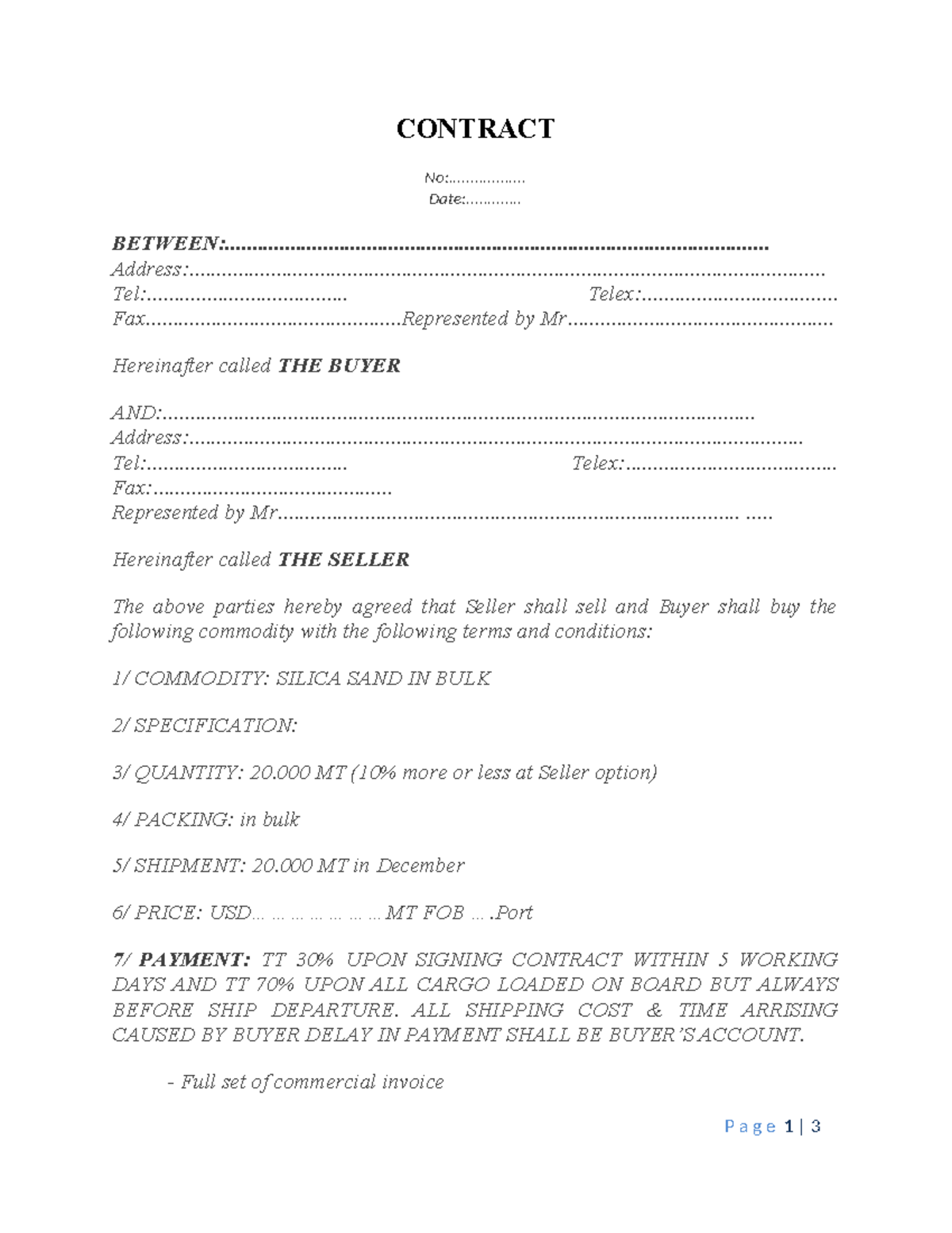 Silica SAND Contract - CONTRACT No:.................. Date ...