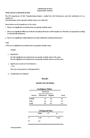 Laboratory Exercise 5 - Correlation and Regression - Correlation and Regression TASKS, RESULTS ...