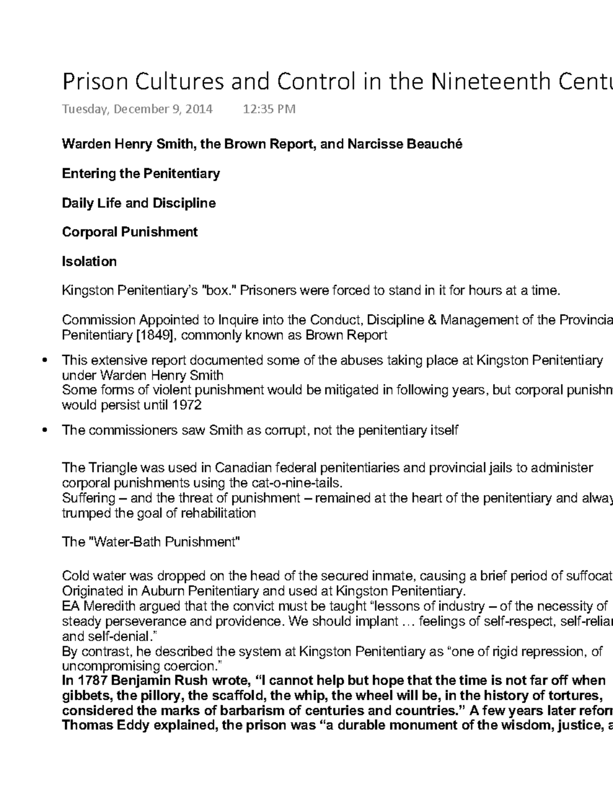 Hist 1500 Lecture-Prison Cultures and Control in the Nineteenth Century ...