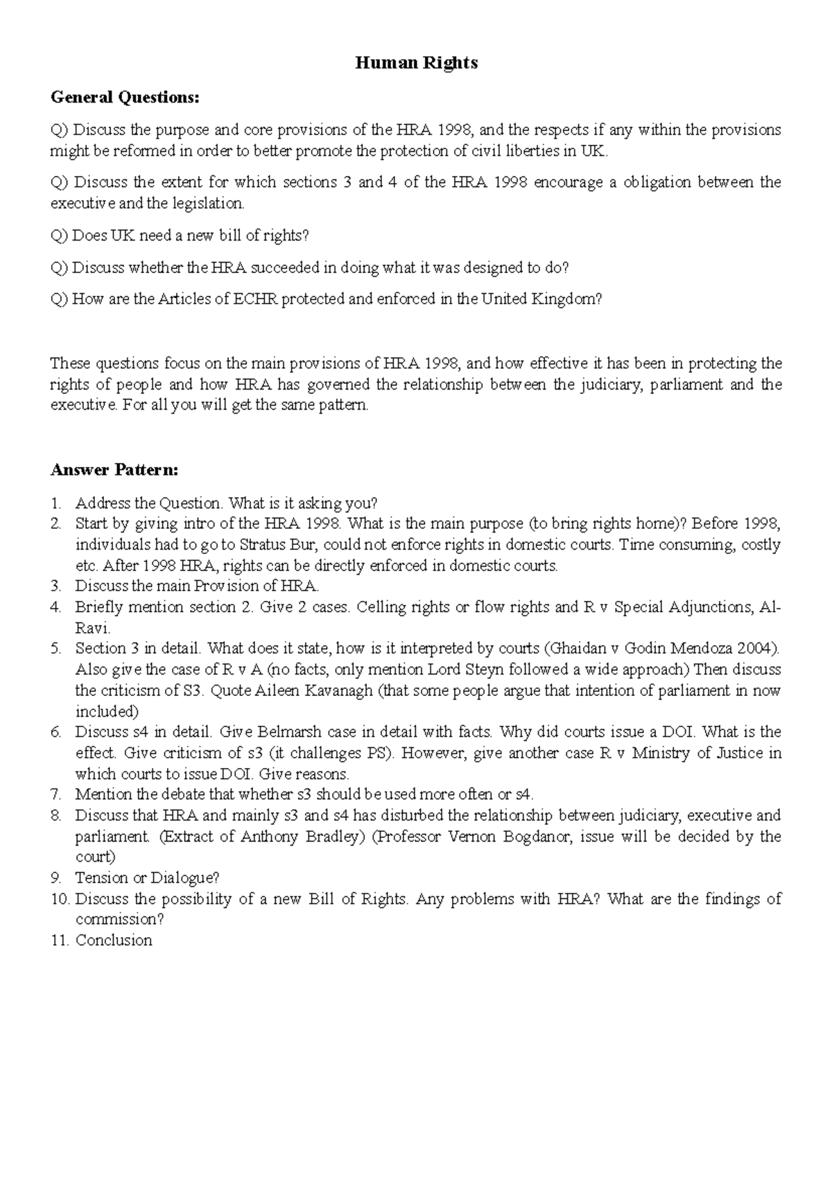 Public Law Answer Patterns for Human Rights Act - Human Rights General ...