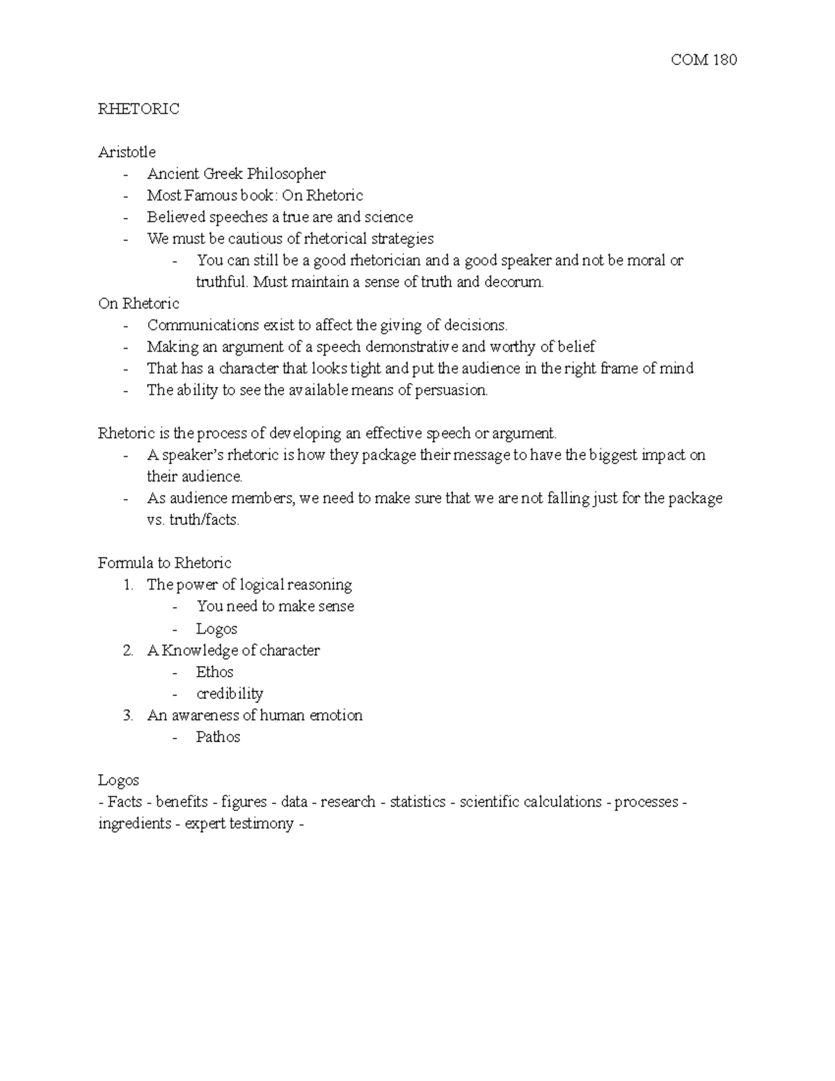 COM180 - Rhetoric - COM 180 RHETORIC Aristotle - Ancient Greek ...