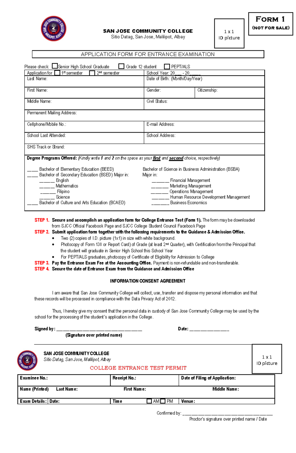 Application Form - Form 1 (not for sale) SAN JOSE COMMUNITY COLLEGE ...