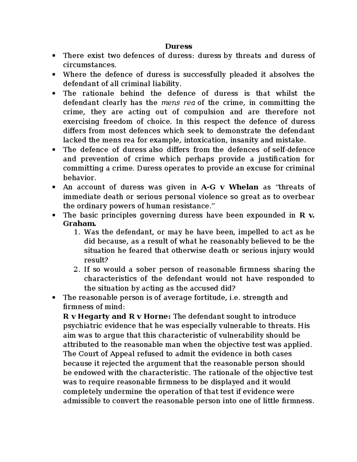 Duress - Notes for Assignments - Duress There exist two defences of ...