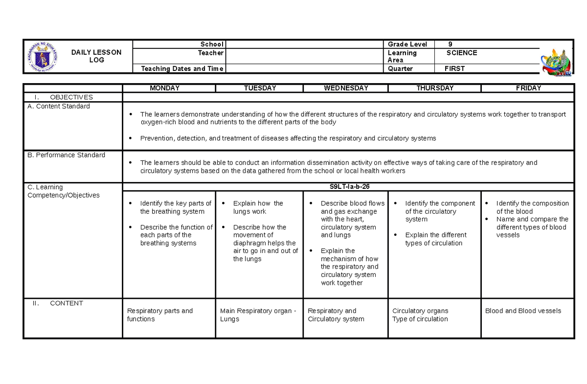 1st quarter PART 1 Dll DAILY LESSON LOG School Grade Level 9 Teacher