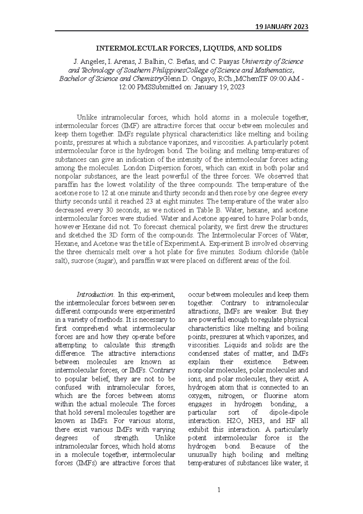 Intermolecular Forces, Liquids, AND Solids LAB Report - INTERMOLECULAR ...