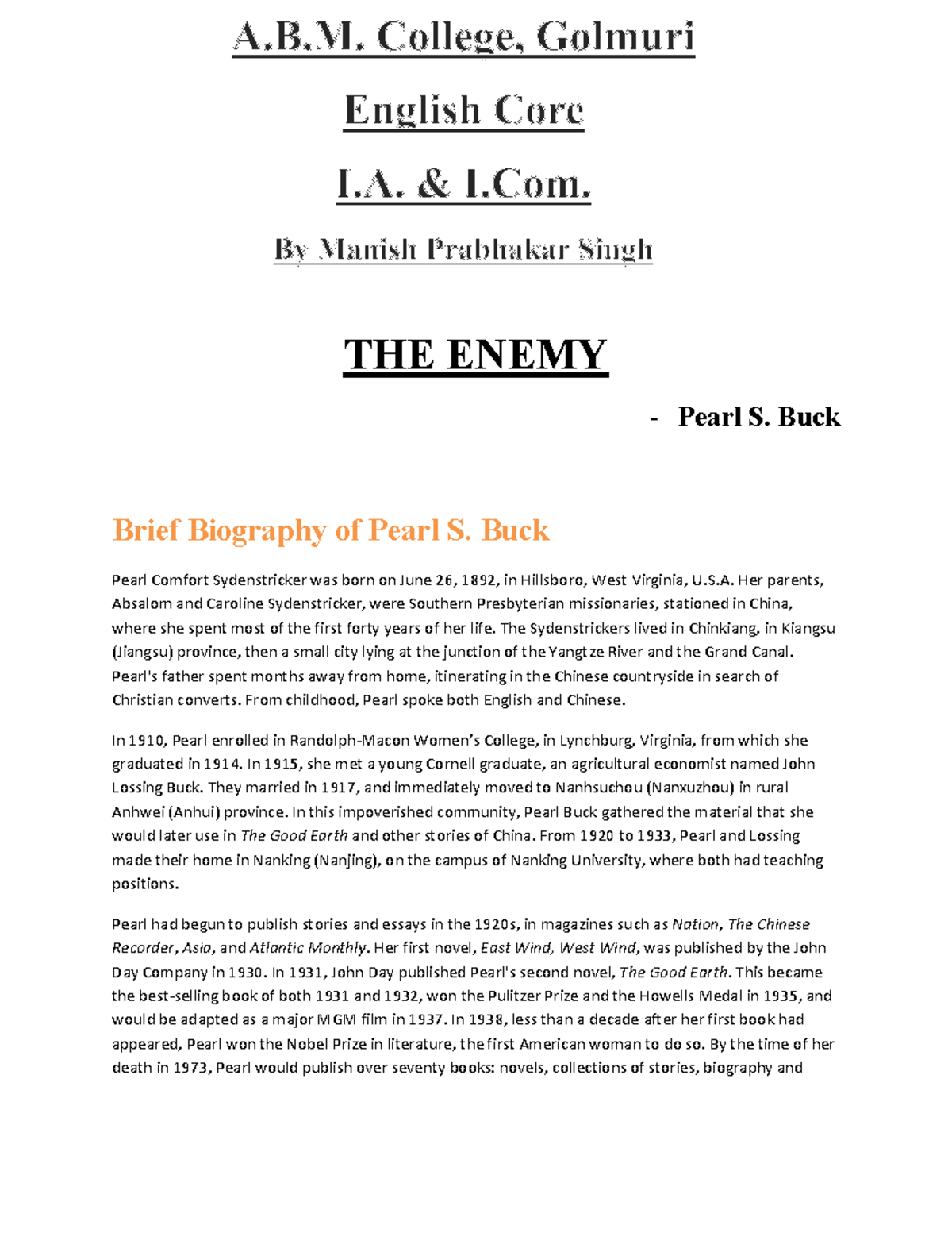 THE Enemy(English Core ) Class 12 I.A. & I - THE ENEMY - Pearl S. Buck ...